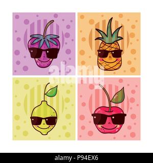 Set of cute fruits cartoons square icons vector illustration graphic ...