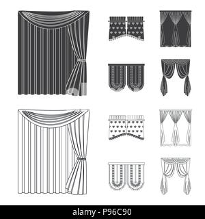 Curtains, stick, cornices, and other icon in outline,flat style.Bow ...