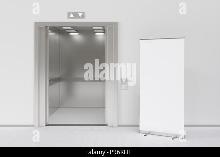 Elevator with open doors and blank roll up banner in modern interior ...