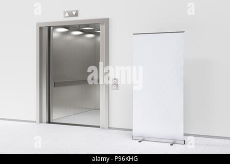 Elevator with open doors and blank roll up banner in modern interior ...