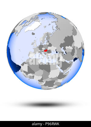 Hungary on globe with translucent oceans isolated on white background ...