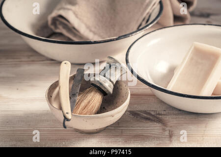 Unique shave tools with brush, razor, soap Stock Photo - Alamy