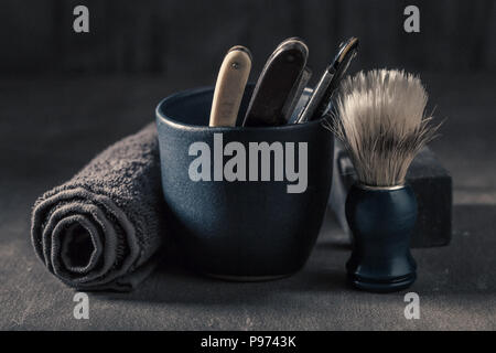 Unique shave tools. Sharp razor, soap and brush Stock Photo - Alamy