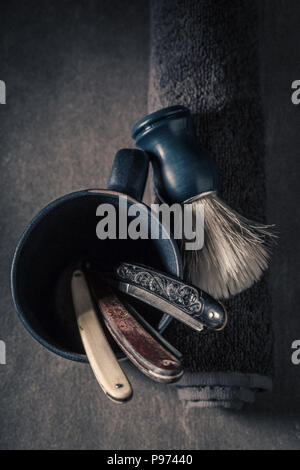 Antique shave tools with grey soap, razor and brush Stock Photo - Alamy