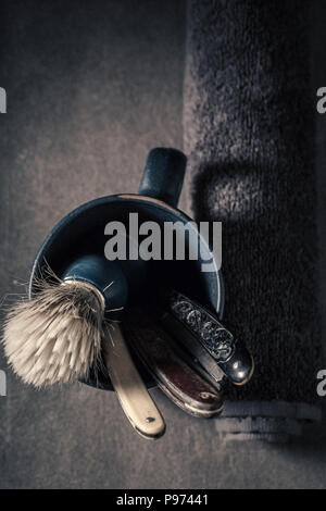 Unique tools for shave. Sharp razor, soap and brush Stock Photo - Alamy