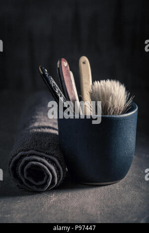 Unique tools for shave with foam, old razor and brush Stock Photo - Alamy