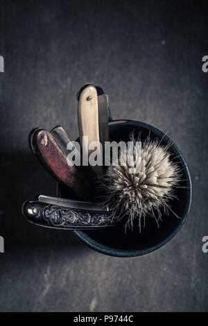 Old barber equipment with grey soap, razor and brush Stock Photo - Alamy