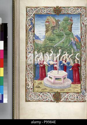 The nine muses on Mount Helicon, the horse Pegasus makes the spring ...