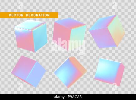 Set of holographic 3D glass cubes isolated on transparent background. Vector realistic ...