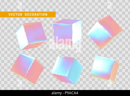 Set of holographic 3D glass cubes isolated on transparent background. Vector realistic ...