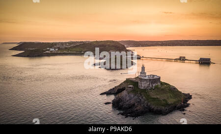 View of the Lighthouse at Mumbles from Bracelet Bay, Swansea, UK. Taken ...