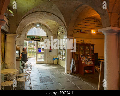 11 June 2018: St Austell, Cornwall, UK - Shops and shoppers in White ...