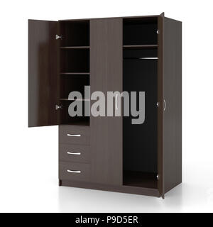 Empty dark brown wooden wardrobe with sliding doors isolated on white ...