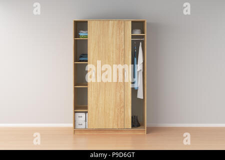 Wooden wardrobe with sliding doors isolated on white background ...