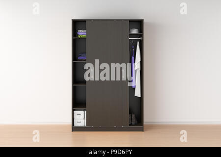 Dark brown wooden wardrobe with sliding doors isolated on white ...