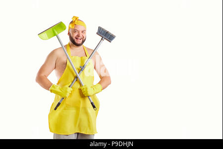 Funny fat cleaning man in an apron Stock Photo - Alamy
