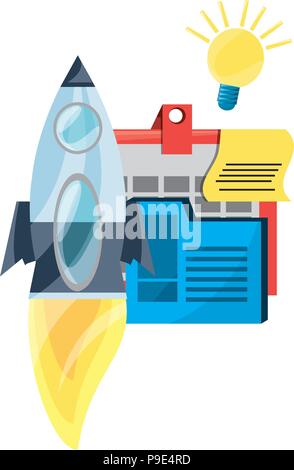rocket with folder and bulb over white background, vector illustration ...