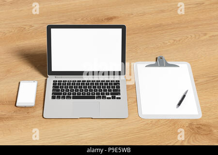 Blank screen laptop, smartphone and clipboard with pen isolated on ...