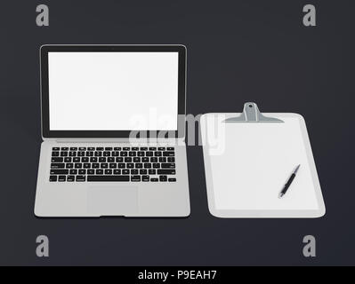Blank screen laptop and clipboard with pen isolated on white background ...
