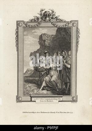 King Canute commanding the sea to retire. Copperplate engraving by J ...