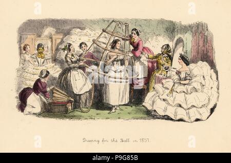 Dressing for the Ball in 1857. Woman being helped by maids into an ...