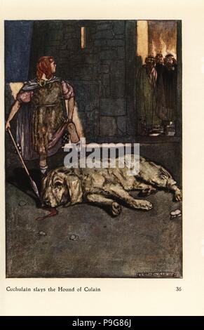 Cuchulain slays the Hound of Culain. Chromolithograph after an ...