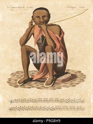 San or Bushman musician playing a gorah or lesiba, a string-wind ...