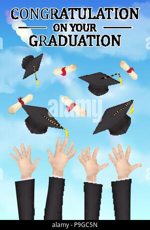 throwing hand with graduation diploma and hat vector illustration Stock ...