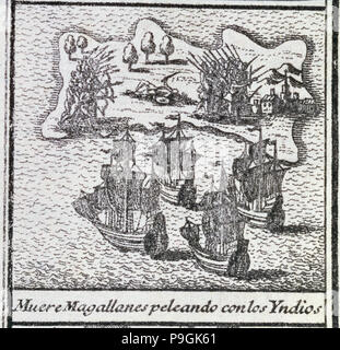 Death of Magellan on the island of Mactan, Philippines, before Stock ...
