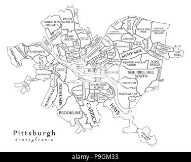 Pittsburgh Pennsylvania city map with neighborhoods grey illustration ...