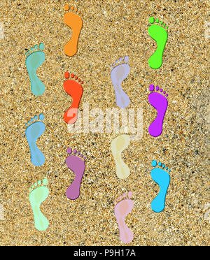 Digitally painted image of two colourful sets of footprints. A concept ...