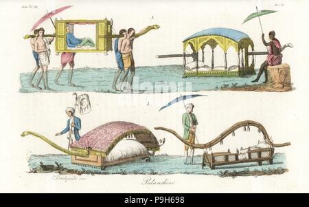 Indian transport: sedan chair or chair palanquin, gary ox cart on the ...