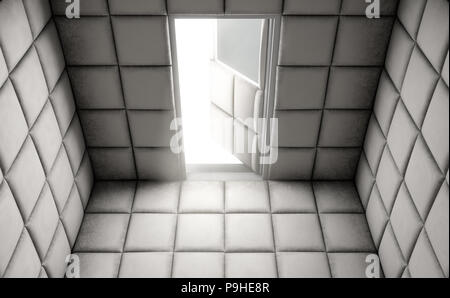 An empty white padded cell with an open door in a mental hospital - 3D ...