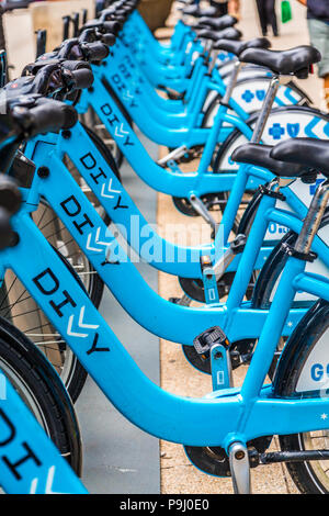 A row of Chicago Divvy bikes. Divvy is a public bicycle sharing system ...