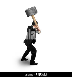 Side view of businessman with big hammer in his arms destroying ...