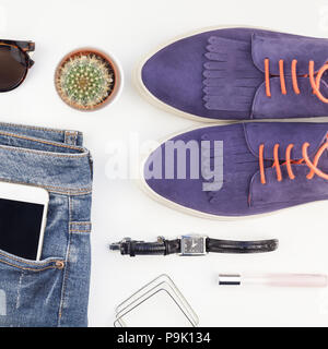 Square Flat lay of suede shoes, blue jeans, grey hat, cactus and ...