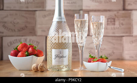 Prosecco and Strawberries cut crystal glasses flower wallpaper wooden ...