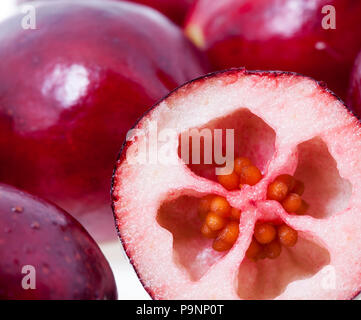 Half cut cranberry berry and fresh cranberries against of wooden spoon ...