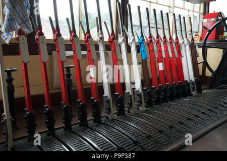 Train signal box point lever handles Stock Photo - Alamy