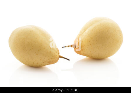 Two Nashi pears (Russet pear) isolated on white background whole yellow ...