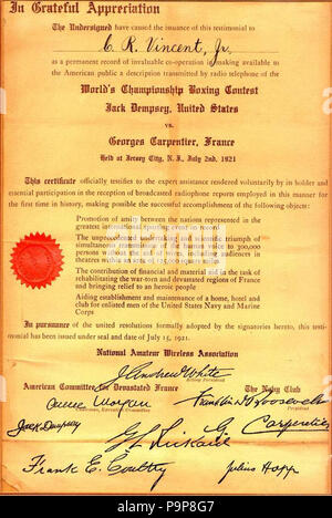 1921 WJY broadcast participation certificate Stock Photo - Alamy