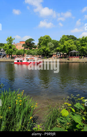 People and boats at the River Dee Embankment, Chester City, Cheshire ...