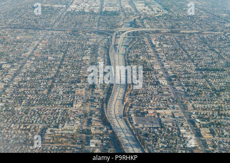 Aerial of Los Angeles 110 and 105 freeway interchange ramps and Stock ...