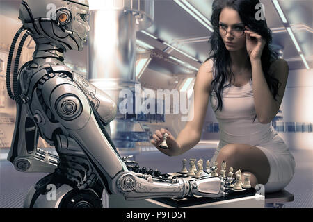 Woman Playing Chess with Fembot Robot Stock Photo - Alamy