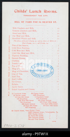 A bill of fare for breakfast and lunch at Childs' Lunch Rooms on Beaver ...