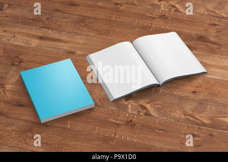 Blank cyan magazine with glossy paper on white background. Open and ...