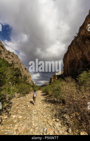 hiking at the Agiofarango canyon, crete, grece, view from behind Stock ...