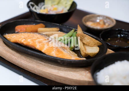 Grilled salmon with rice, japanese food Stock Photo - Alamy