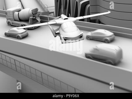 Clay shading rendering of futuristic flying car flying over traffic jam ...