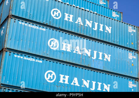 Stack of shipping containers and south korean won money bag. Trade ...